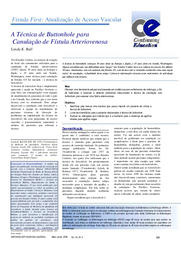 (PDF) A Técnica de Buttonhole para Canulação de Fistula Arteriovenosa