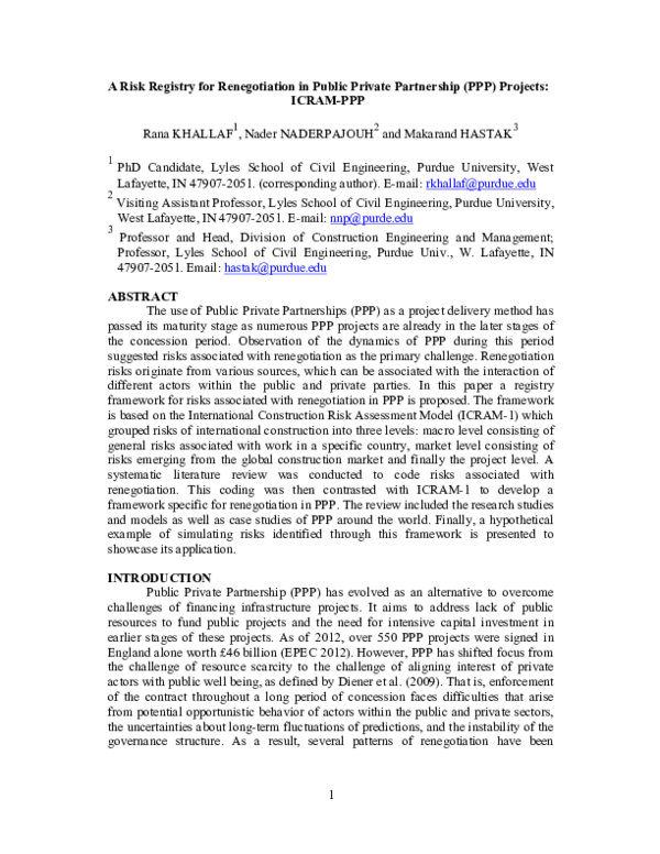 (PDF) A Risk Registry for Renegotiation in Public Private Partnership ...