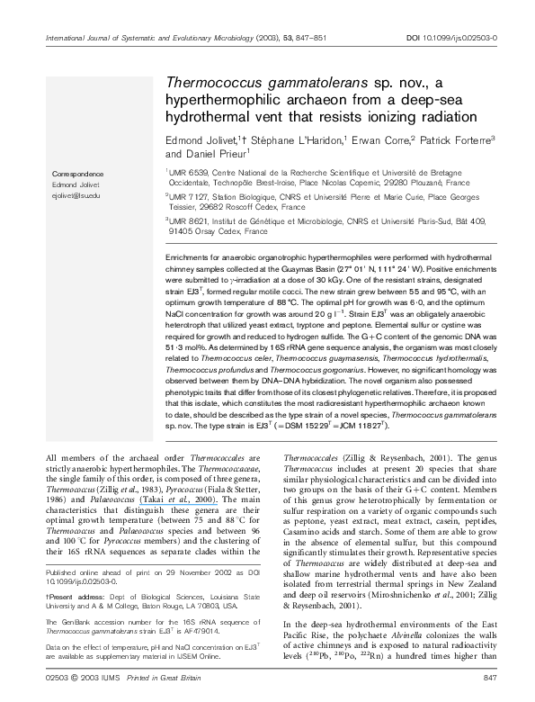 (PDF) Thermococcus gammatolerans sp. nov., a hyperthermophilic archaeon ...