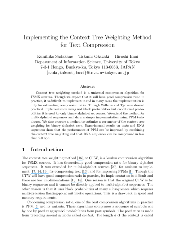 Pdf Implementing The Context Tree Weighting Method For Text Compression