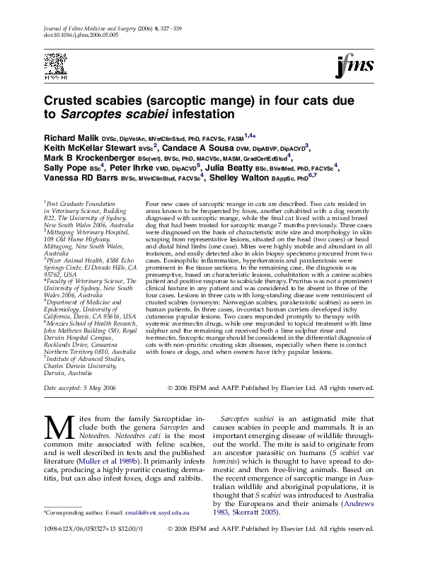 Pdf Crusted Scabies Sarcoptic Mange In Four Cats Due To Sarcoptes Scabiei Infestation