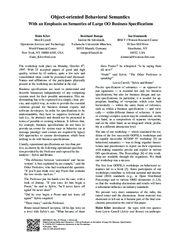 Pdf Object Oriented Behavioral Semantics With An Emphasis On