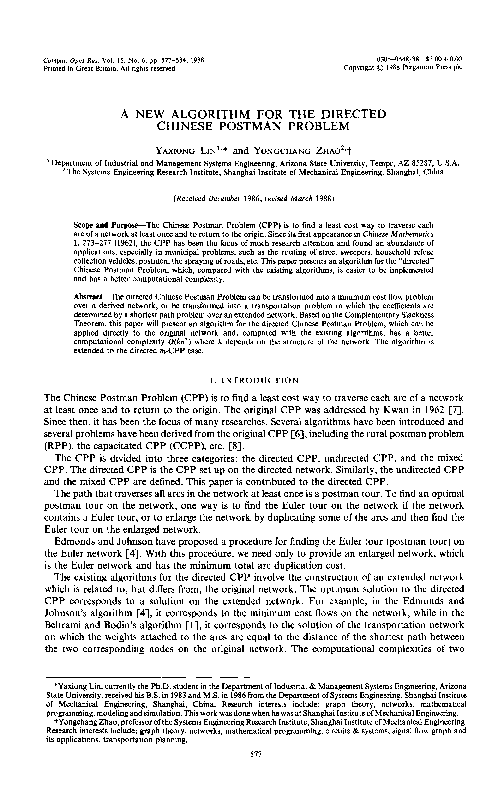 Pdf A New Algorithm For The Directed Chinese Postman Problem