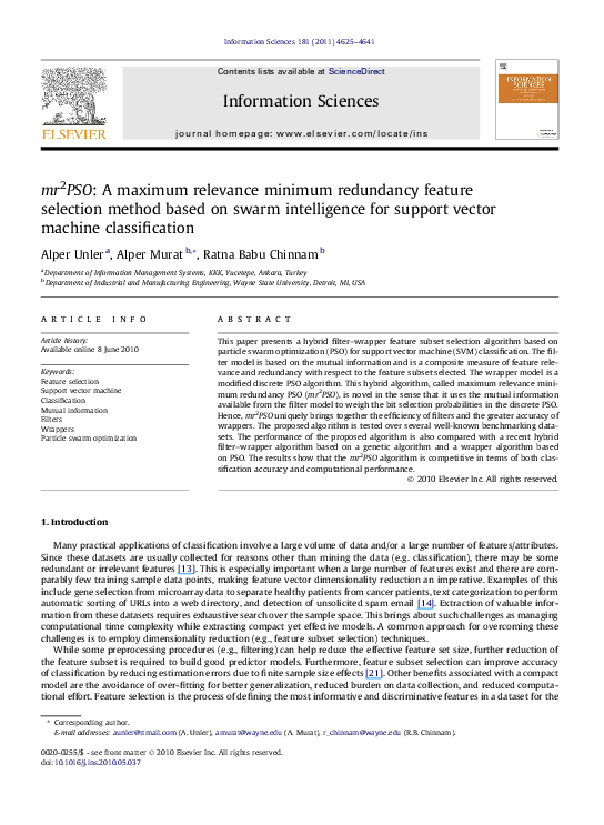 (PDF) mr2 PSO: A maximum relevance minimum redundancy feature selection method based on swarm ...