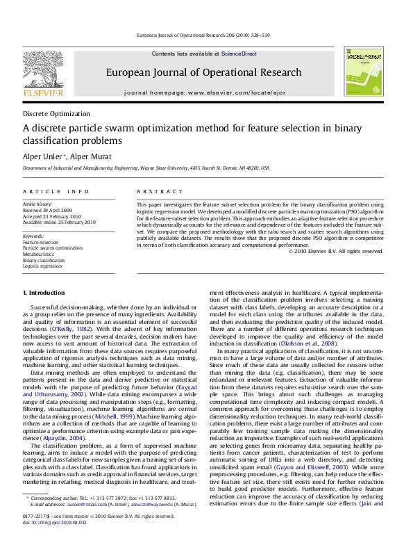 Pdf A Discrete Particle Swarm Optimization Method For Feature Selection In Binary