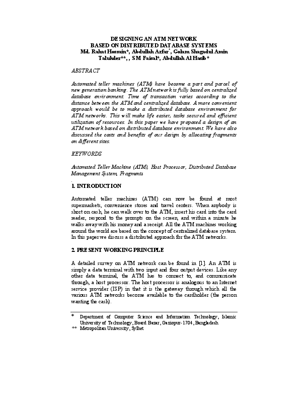 (PDF) DESIGNING AN ATM NETWORK BASED ON DISTRIBUTED DATABASE SYSTEMS