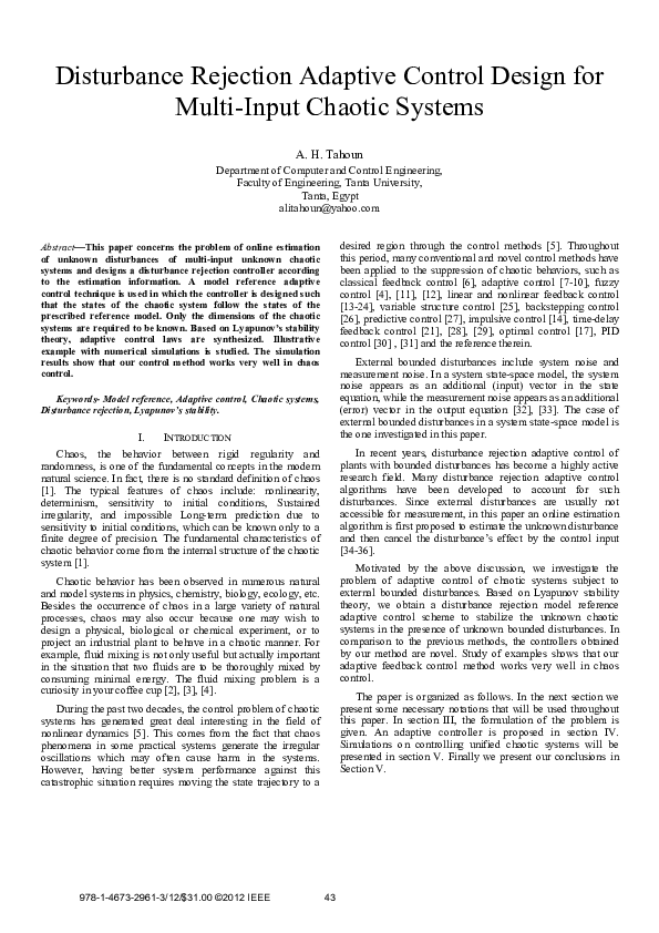 (PDF) Disturbance Rejection Adaptive Control Design for Multi-Input Chaotic Systems