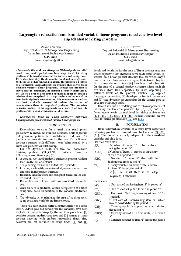 Pdf Lagrangian Relaxation And Bounded Variable Linear Programs To Solve A Two Level