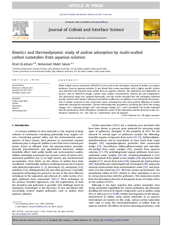 (PDF) Kinetics and thermodynamic study of aniline adsorption by multi-walled carbon nanotubes ...