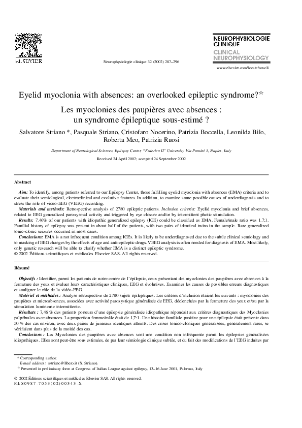 (PDF) Eyelid myoclonia with absences: an overlooked epileptic syndrome