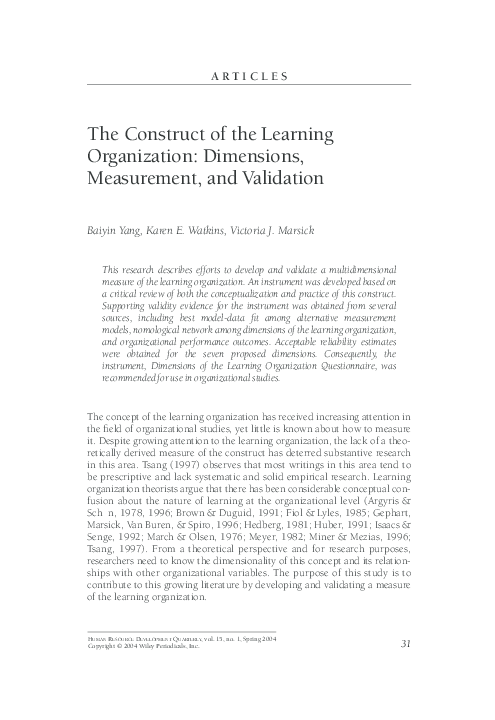 (PDF) The construct of the learning organization: Dimensions, measurement, and validation