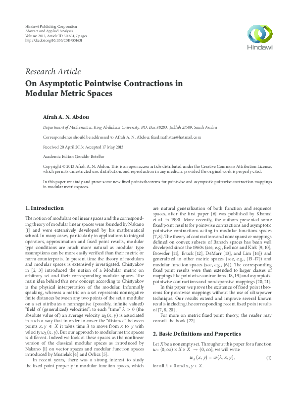 Pdf On Asymptotic Pointwise Contractions In Modular Metric Spaces