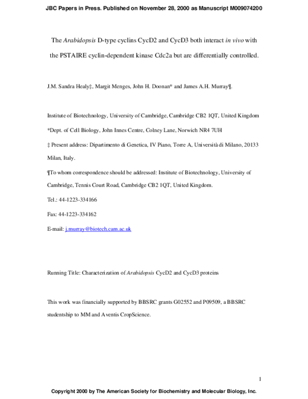 (PDF) The Arabidopsis D-type Cyclins CycD2 and CycD3 Both Interact in ...