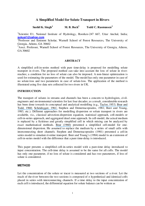 (PDF) A simplified model for solute transport in rivers