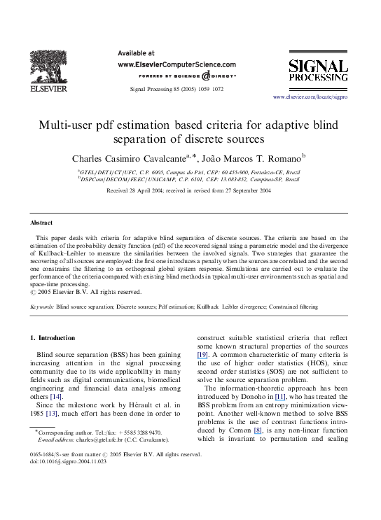 Pdf Multi User Pdf Estimation Based Criteria For Adaptive Blind Separation Of Discrete Sources