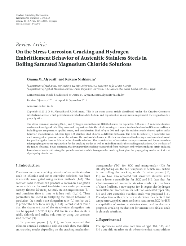 (PDF) Stress corrosion cracking and hydrogen embrittlement of sensitized austenitic stainless ...