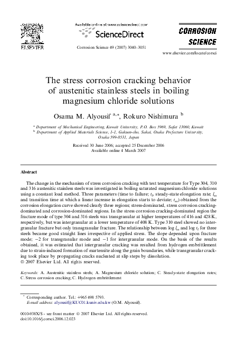 (PDF) The stress corrosion cracking behavior of austenitic stainless steels in boiling magnesium ...
