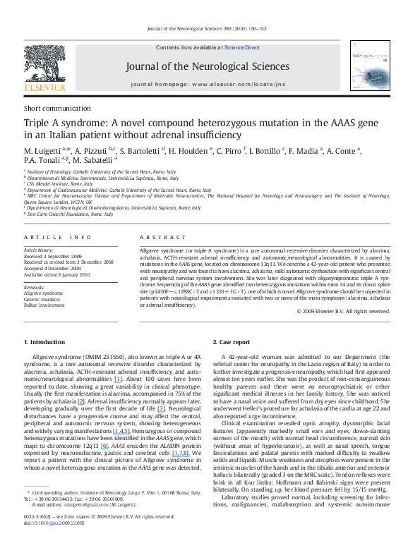 (PDF) Triple A syndrome: A novel compound heterozygous mutation in the ...