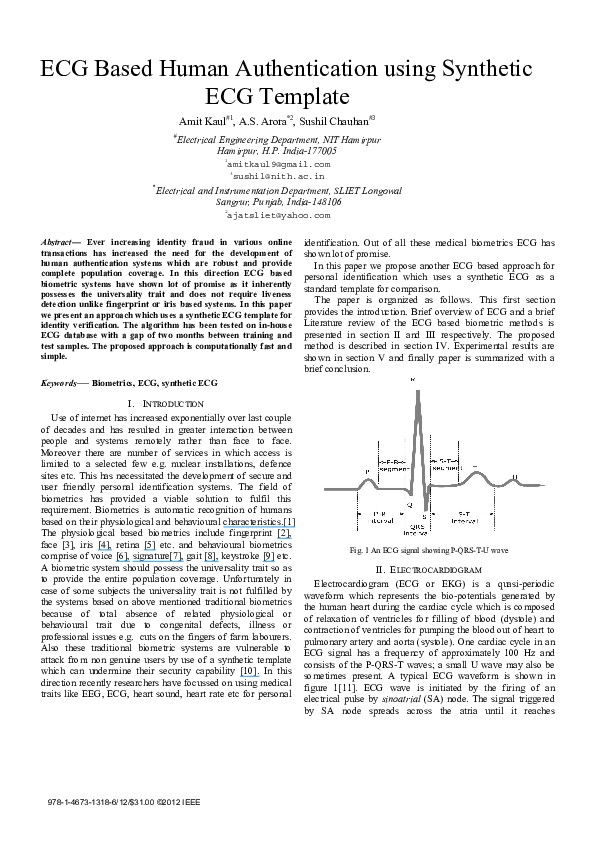 Pdf Ecg Based Human Authentication Using Synthetic Ecg Template