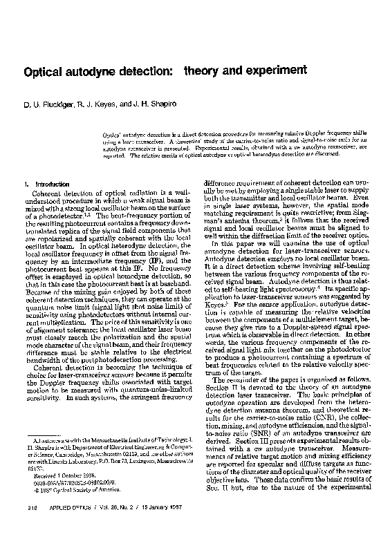 (PDF) Optical autodyne detection: theory and experiment