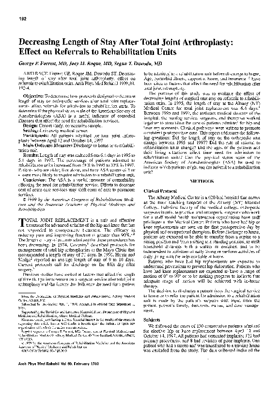 (PDF) Decreasing length of stay after total joint arthroplasty: Effect ...