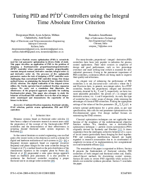 Pdf Tuning Pid And Fopid Controllers Using The Integral Time Absolute Error Criterion