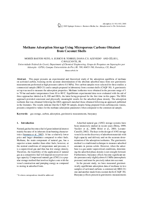 (PDF) Methane Adsorption Storage Using Microporous Carbons Obtained from Coconut Shells