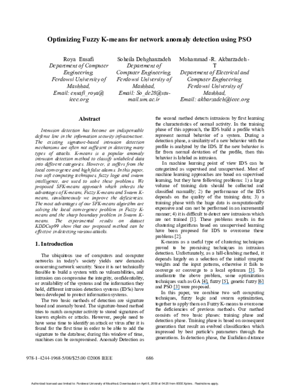 Pdf Optimizing Fuzzy K Means For Network Anomaly Detection Using Pso