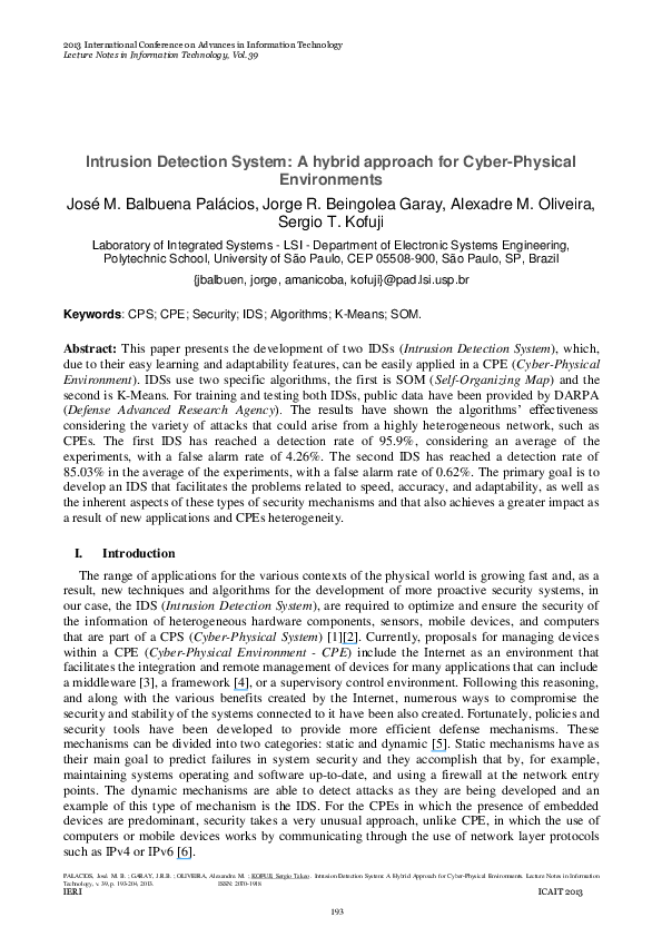 (PDF) Intrusion Detection System: A hybrid approach for Cyber-Physical Environments