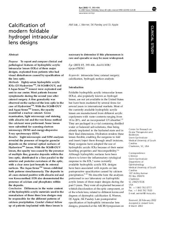 (PDF) Calcification of modern foldable hydrogel intraocular lens designs