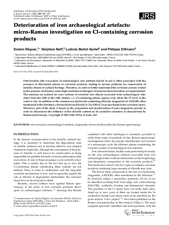 (PDF) Deterioration of iron archaeological artefacts: micro-Raman investigation on Cl-containing ...