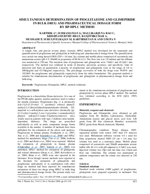 (PDF) Simultaneous determination of pioglitazone and glimepiride in bulk drug and pharmaceutical ...