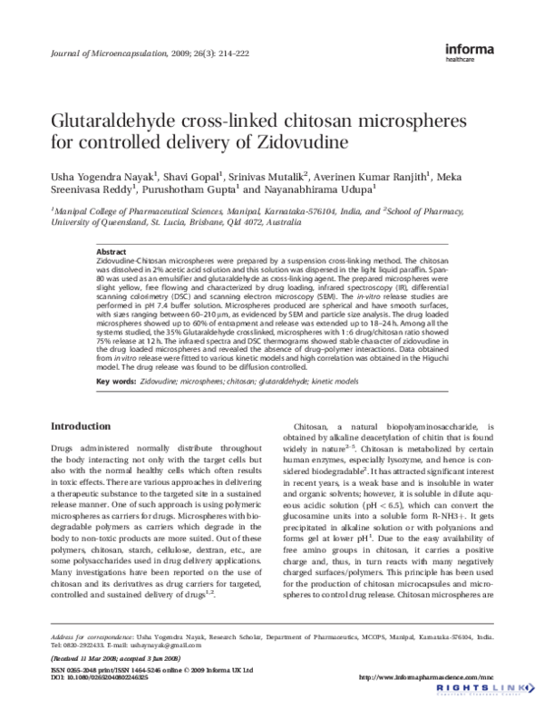 (PDF) Glutaraldehyde cross-linked chitosan microspheres for controlled delivery of Zidovudine