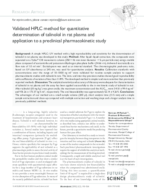 (PDF) Validated HPLC method for quantitative determination of talinolol ...