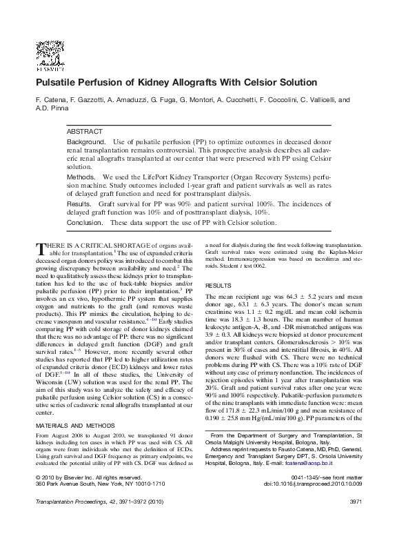 (PDF) Pulsatile perfusion of kidney allografts with Celsior solution
