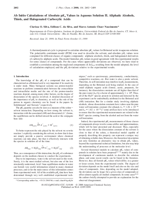 Pdf Ab Initio Calculations Of Absolute P K A Values In Aqueous Solution I Carboxylic Acids