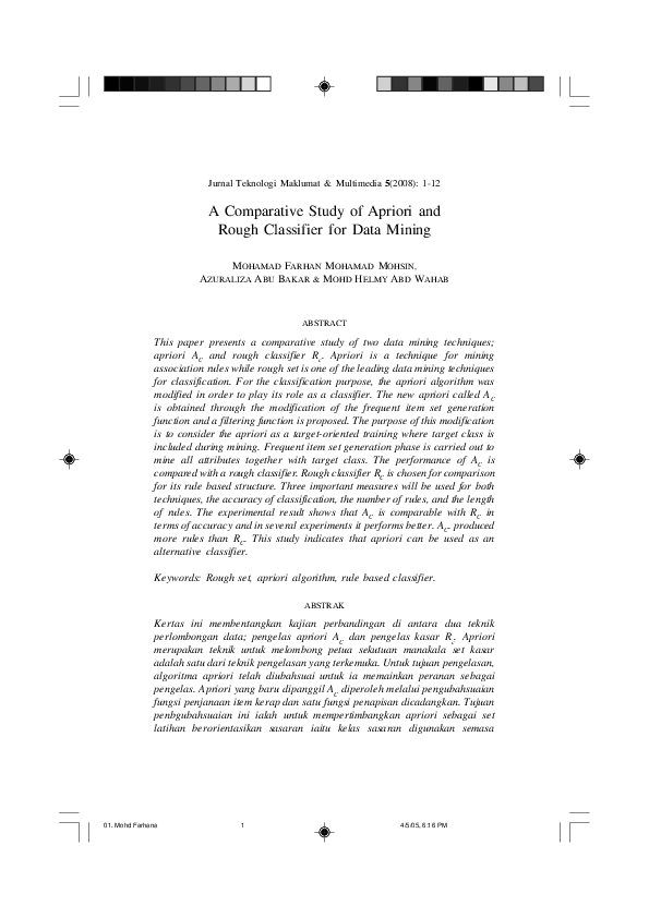 (PDF) A Comparative Study of Apriori and Rough Classifier for Data Mining