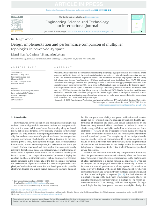 (PDF) Design, implementation and performance comparison of multiplier topologies in power-delay ...