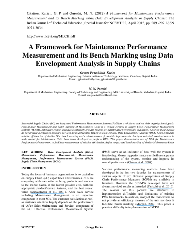 (PDF) A Framework for Maintenance Performance Measurement and its Bench Marking using Data ...