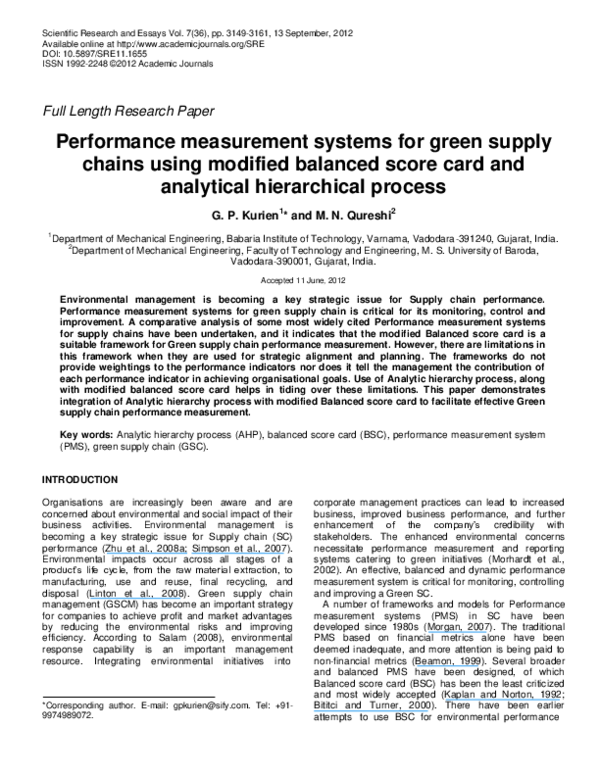 (PDF) Performance measurement systems for green supply chains using ...