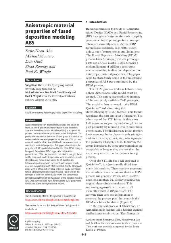 (PDF) Anisotropic material properties of fused deposition modeling ABS