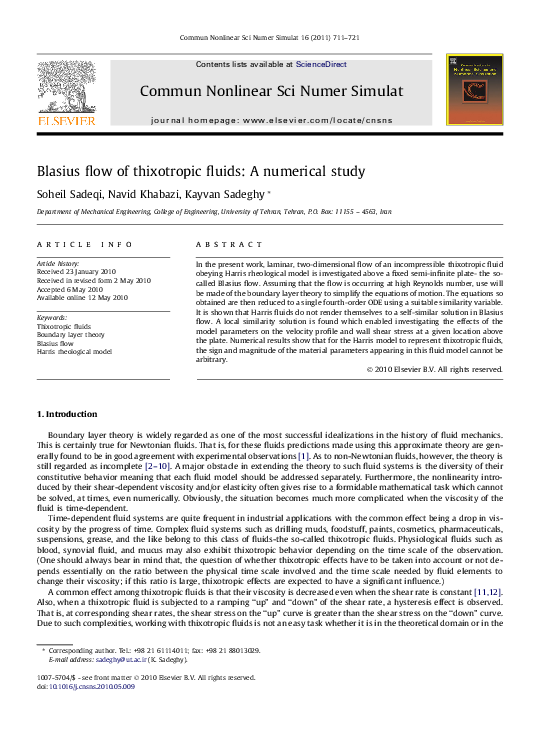 (PDF) Blasius flow of thixotropic fluids: A numerical study