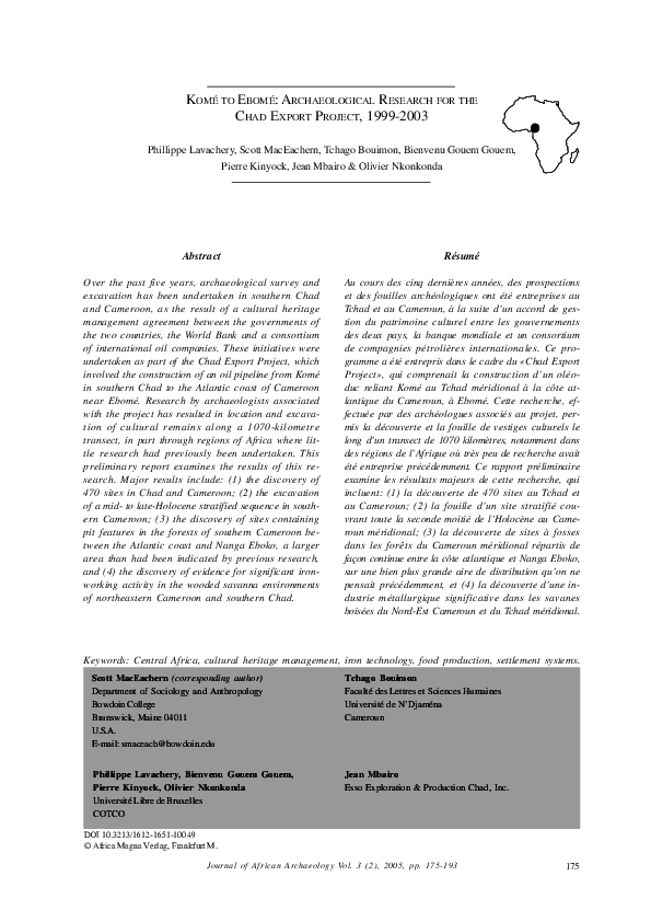 (PDF) Komé to Ebomé: Archaeological research for the Chad Export ...