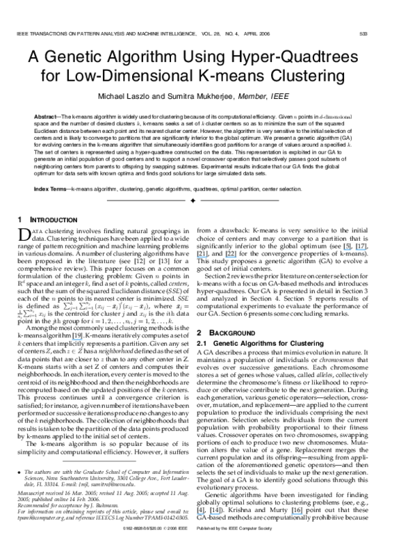 (PDF) A Genetic Algorithm Using Hyper-Quadtrees for Low-Dimensional K-means Clustering