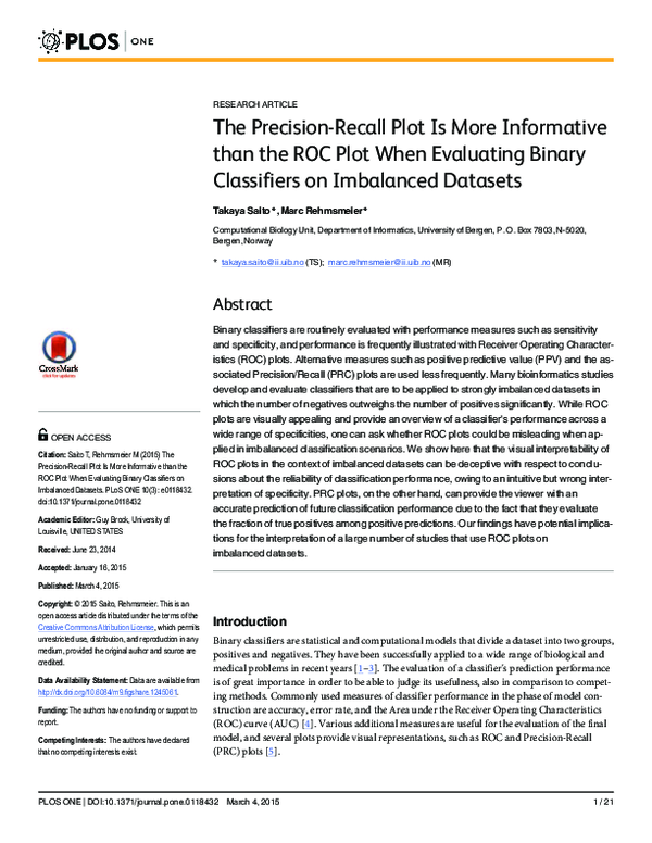 Pdf The Precision Recall Plot Is More Informative Than The Roc Plot When Evaluating Binary