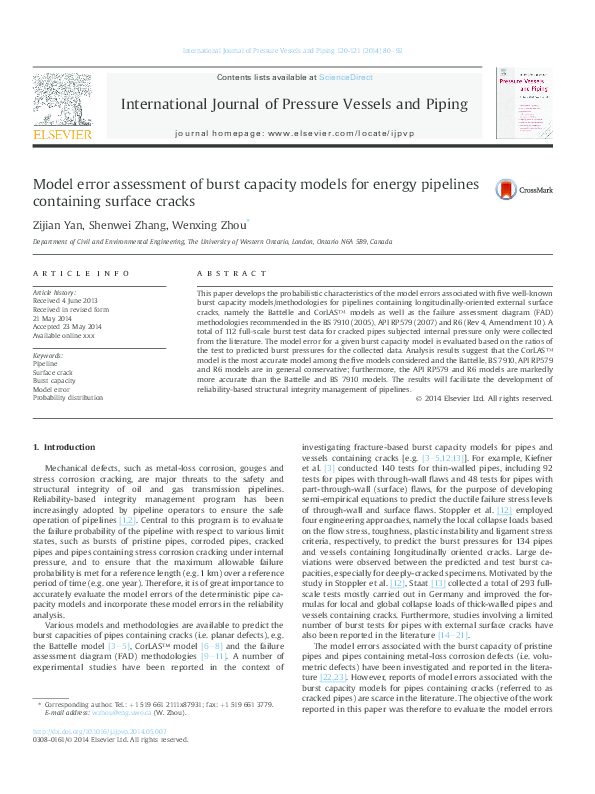 (PDF) Model error assessment of burst capacity models for energy pipelines containing surface cracks