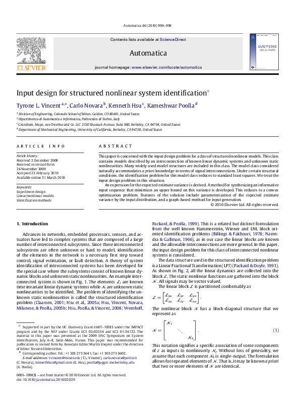 (PDF) Input design for structured nonlinear system identification