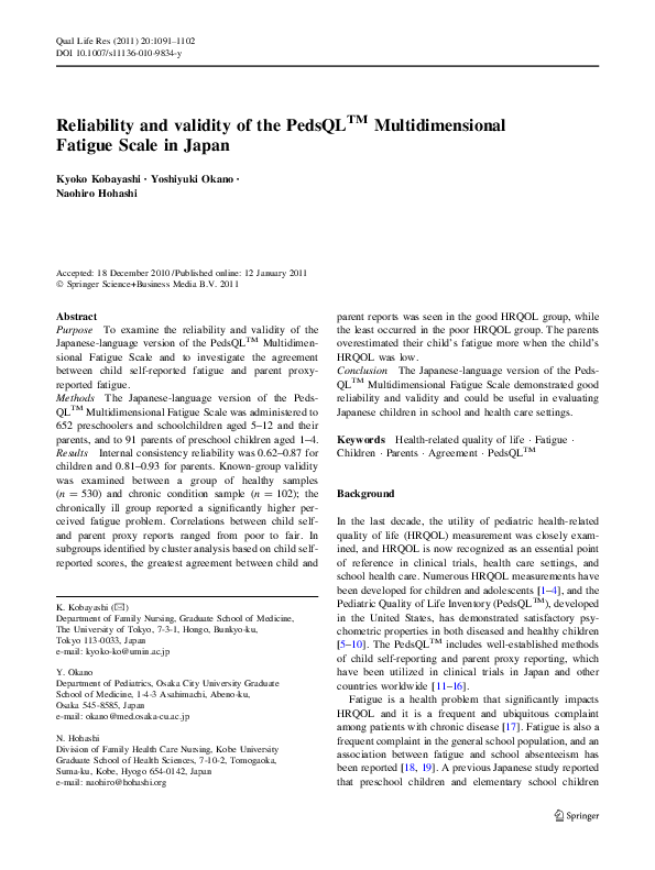 (PDF) Reliability and validity of the PedsQL™ Multidimensional Fatigue ...