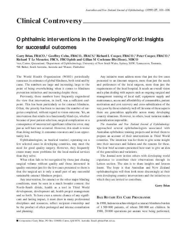 (PDF) Ophthalmic interventions in the Developing World: insights for ...