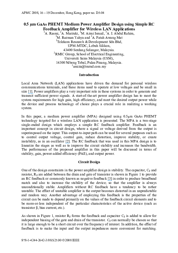 (PDF) 0.5 µm GaAs PHEMT medium power amplifier design using simple RC feedback amplifier for ...